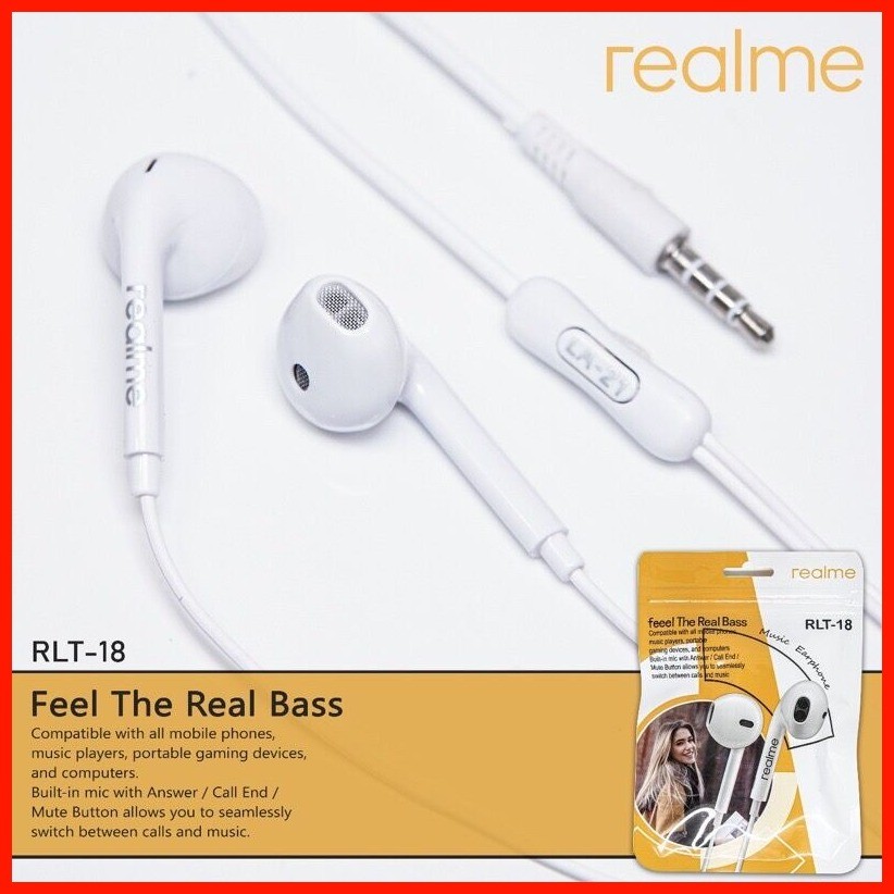 Realme RLT-18 Earbuds Headset Built-in Mic Bass Earphones With volume ...