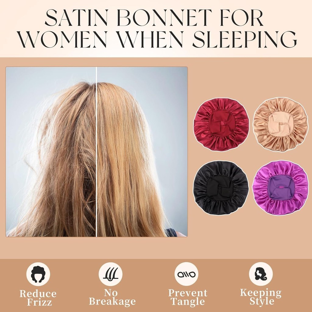 Shower Cap Satin Night Hair Cap Women's Solid Sleeping Hat Sleep Care ...