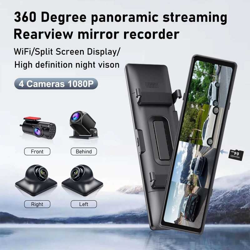 A A Adinkam 4Ch Mstar Dash Cam 12 ''Wifi Rear View Mirror 4 Cameras ...