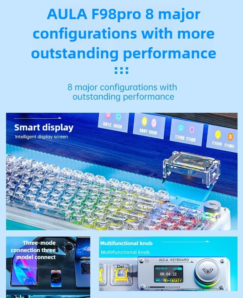 AULA F98 Pro Wireless Mechanical Keyboard with TFT Display Knob Numpad RGB Hot-Swappable Gasket ...