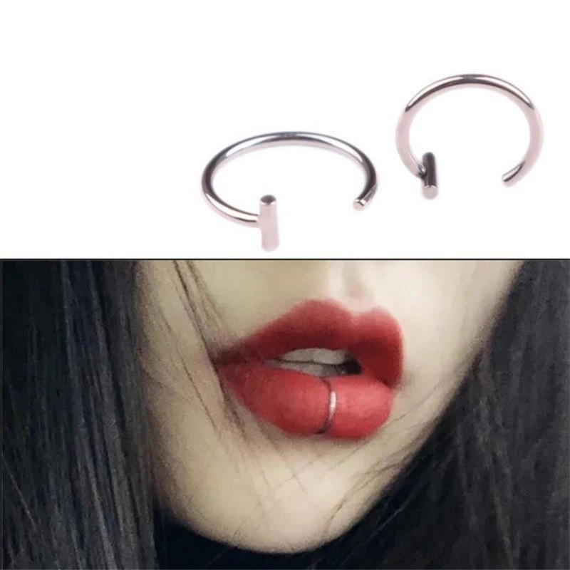 Stainless steel C-shaped lip ring with no holes, fake lip studs, hip ...