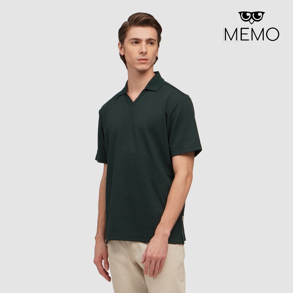 Memo Textured Open Collar Polo For Men (Dark Green) | Shopee Philippines