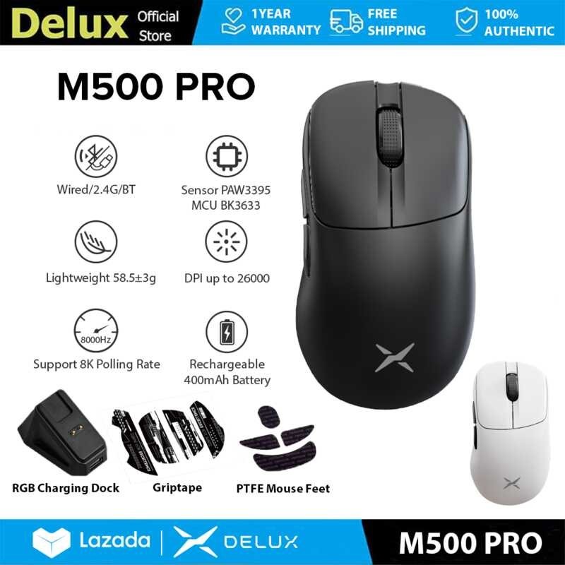 % Delux M500 PRO PAW3395 Gaming Mouse DPI MAX 26000 Wired 2.4G Wireless ...