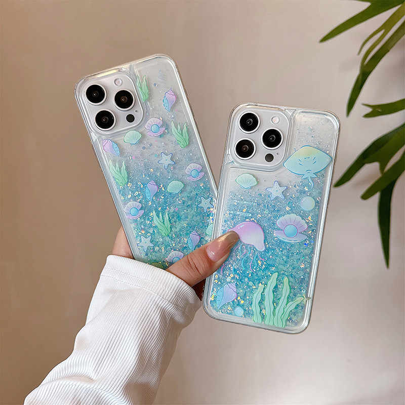 Glitter Jellyfish Conch Starfish Luminous Quicksand Phone Case ...