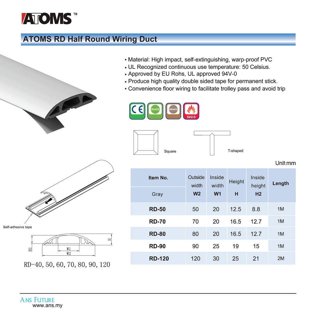 ATOMS RD Half Round Wiring Duct Floor Halfmoon PVC Trunking Grey Color ...