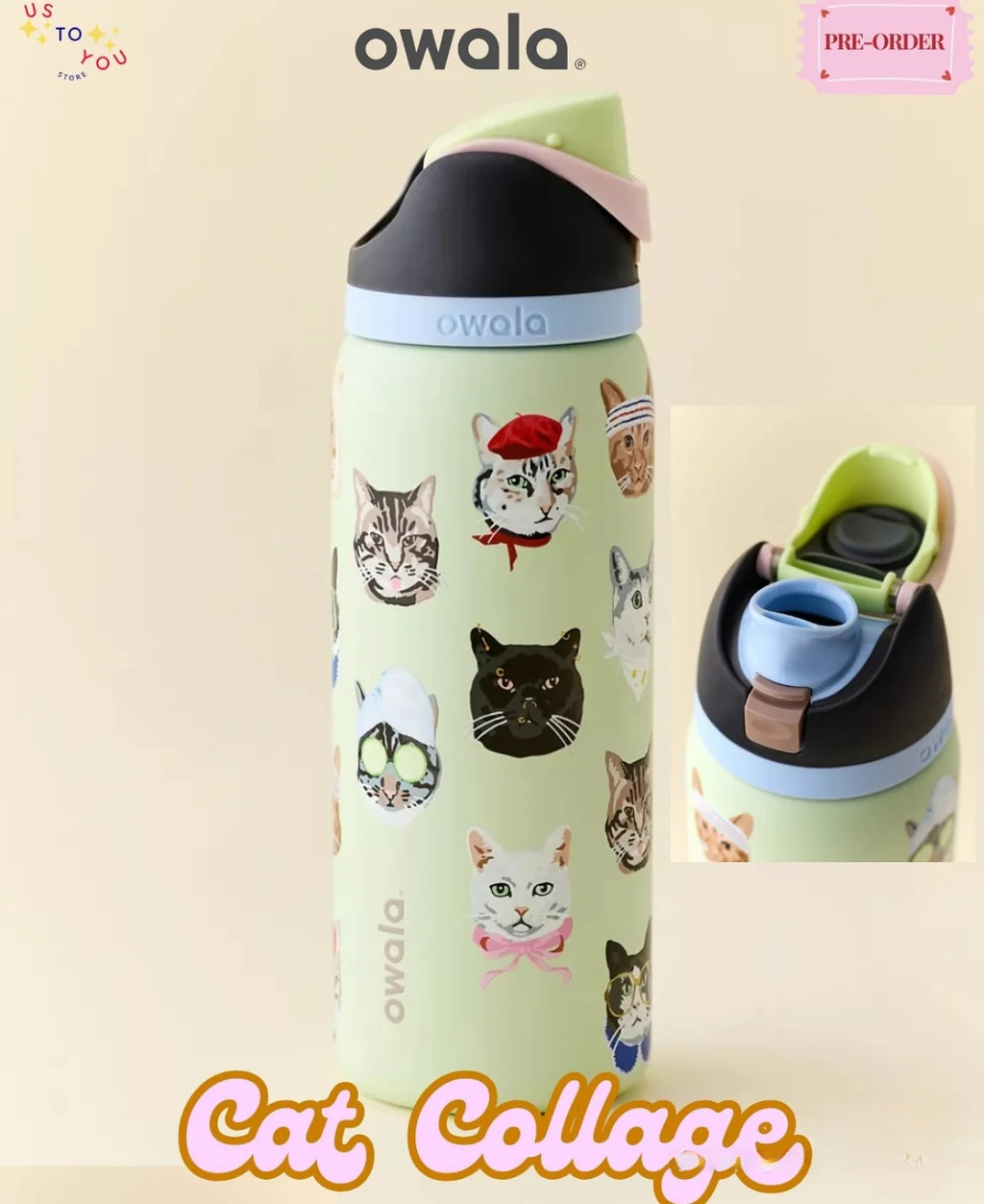 Owala FreeSip Cat Collage 32oz Urban Outfitters Limited Edition Tumbler ...