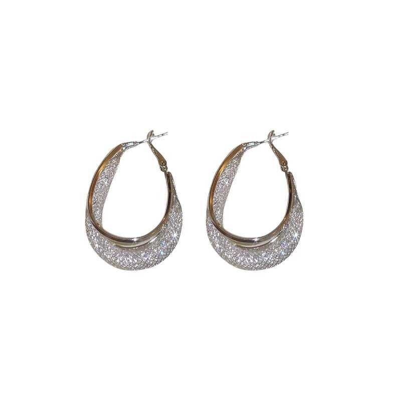Needle Oval Silver Metal Mesh Hoop Earrings High-End Fashion Statement ...