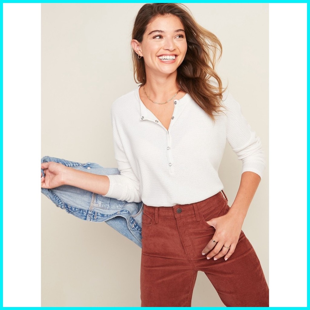 609476 Women's Relaxed Cozy Waffle Knit Henley Tunic Top - Cream ...