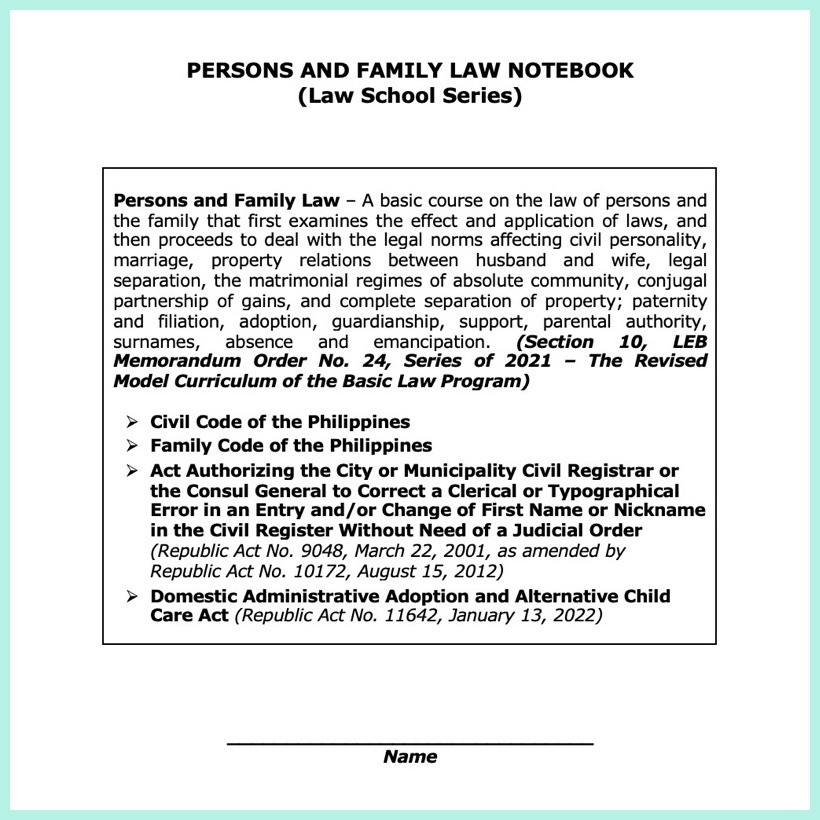 (Codal Notebook-Law School) Persons & Family Law Notebook (2024 Ed ...