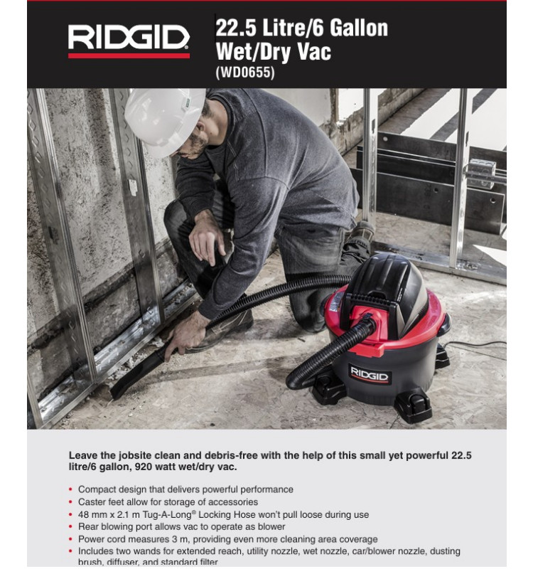 RIDGID 6 Gallon Wet Dry Vacuum 22.5L Drum 920 Watt Motor 3m Power Cord ...