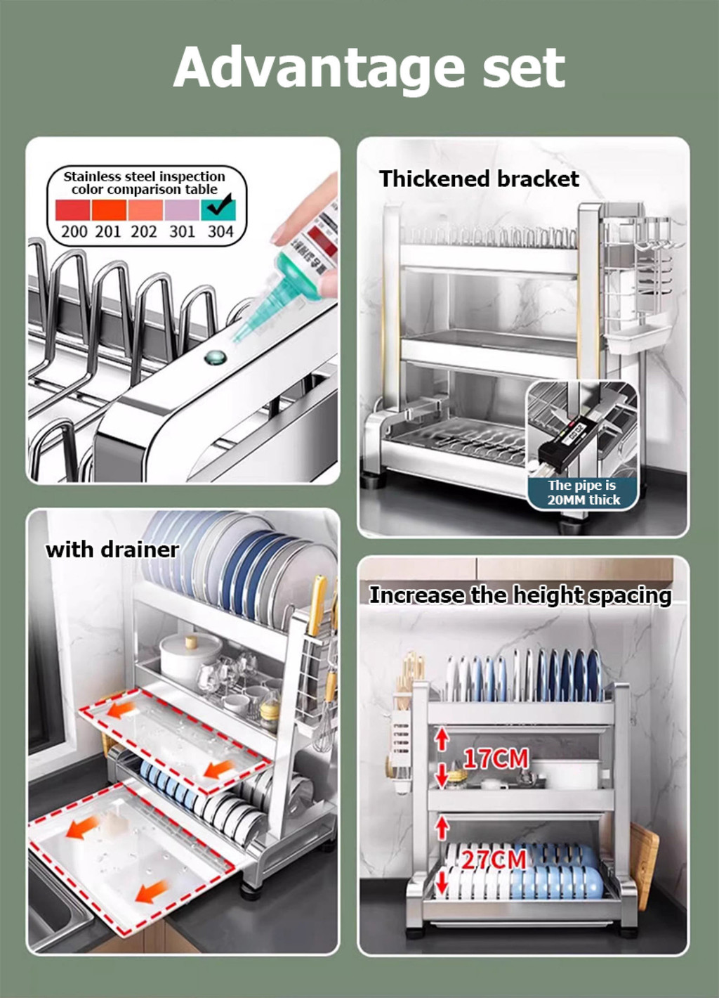 XTEN Stainless Steel Heavy Duty Dish Rack with Drain Tray Kitchen Plate ...