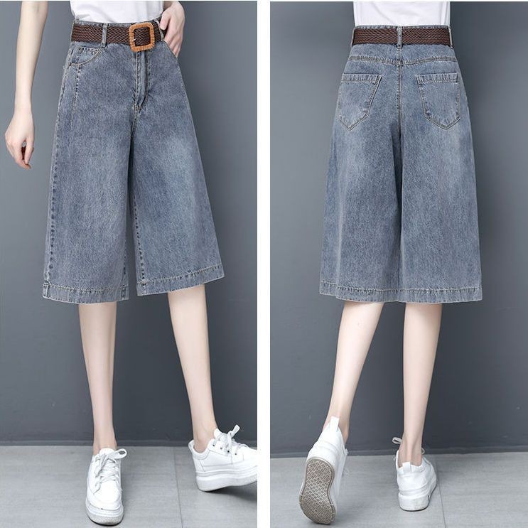 Three-point denim wide-leg pants 2024 popular women's mid-length pants ...