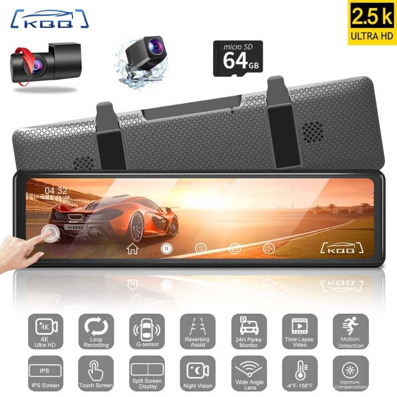 KQQ 2.5K Dash Cam 12'' Touch Screen Car Recorder Mirror Dvr with ...