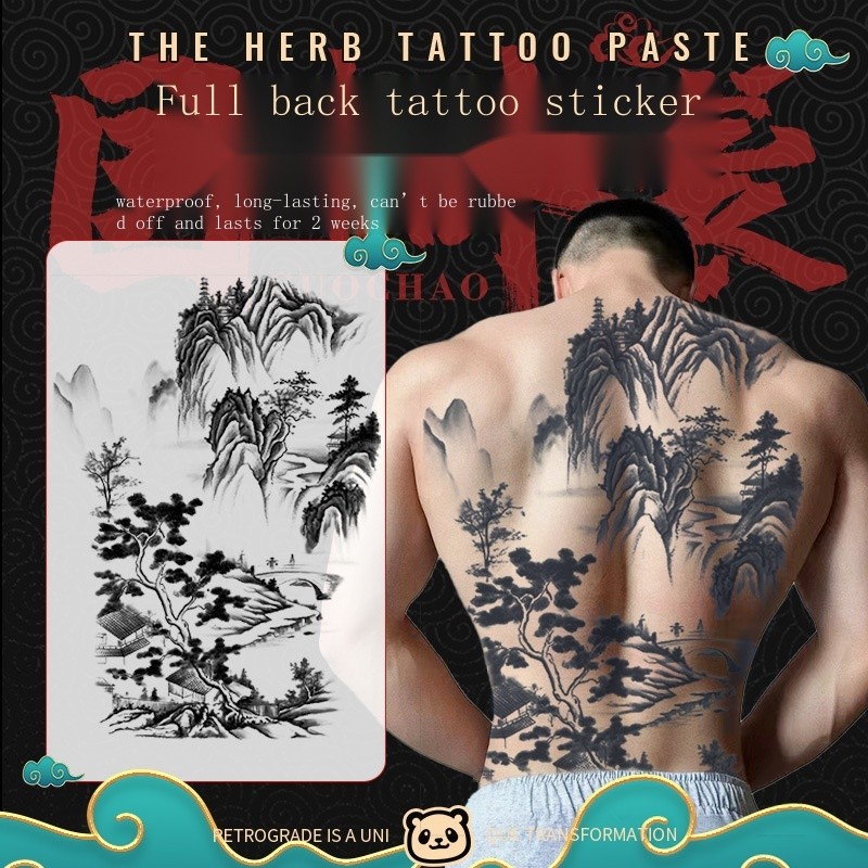 Full back tattoo stickers for men with large landscape patterns, long ...