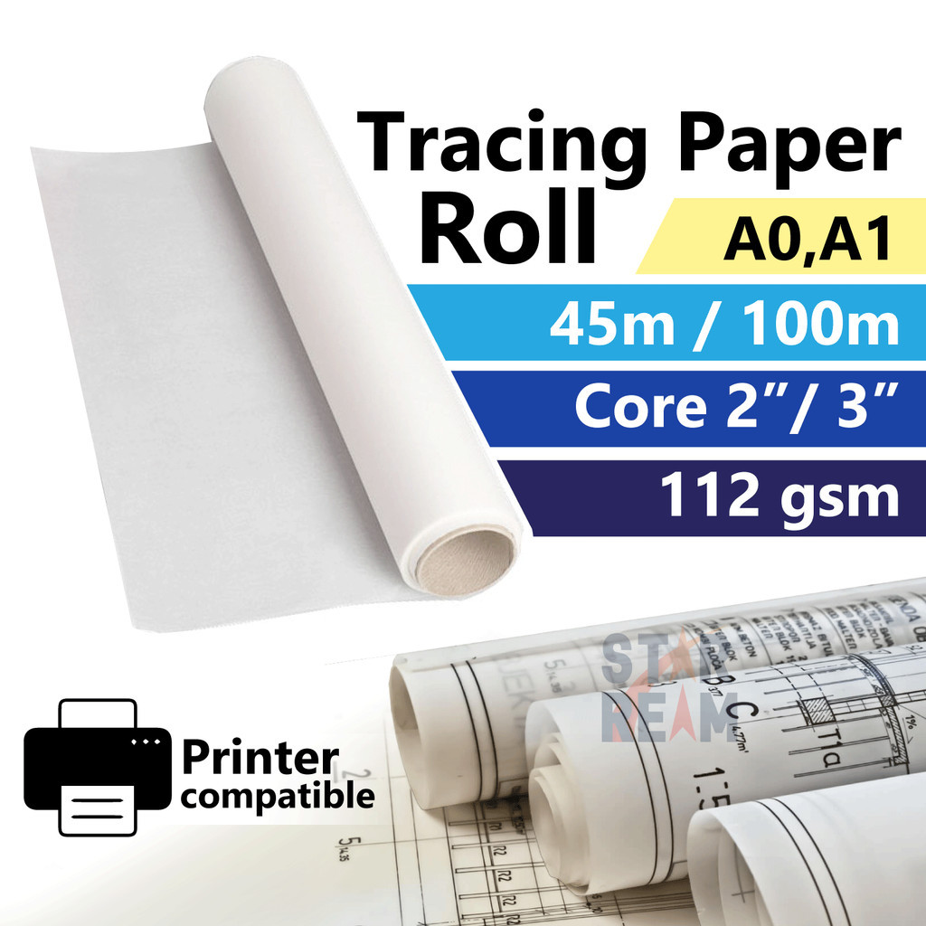A1/ A0 size 112 gsm 45m/100m Tracing Paper Roll Kertas Surih/ Drawing ...