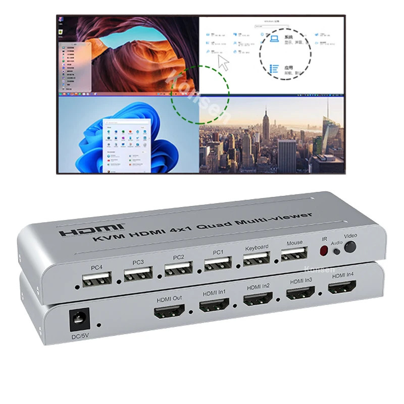 4x1 HDMI KVM Switch Multi Viewer 1080P HDMI USB Quad Screen Multiviewer ...
