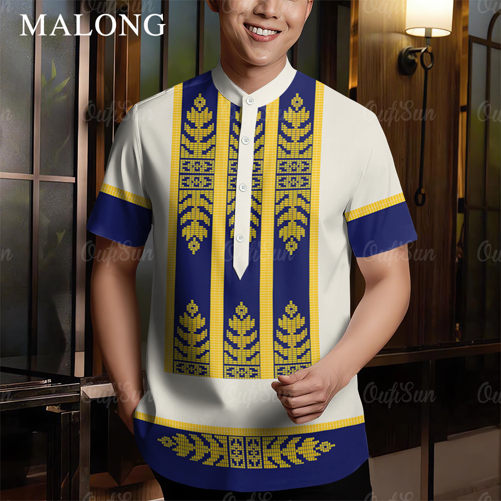 Men's Malong Design Short - Sleeve Ethnic Shirt Stand - Up Collar ...