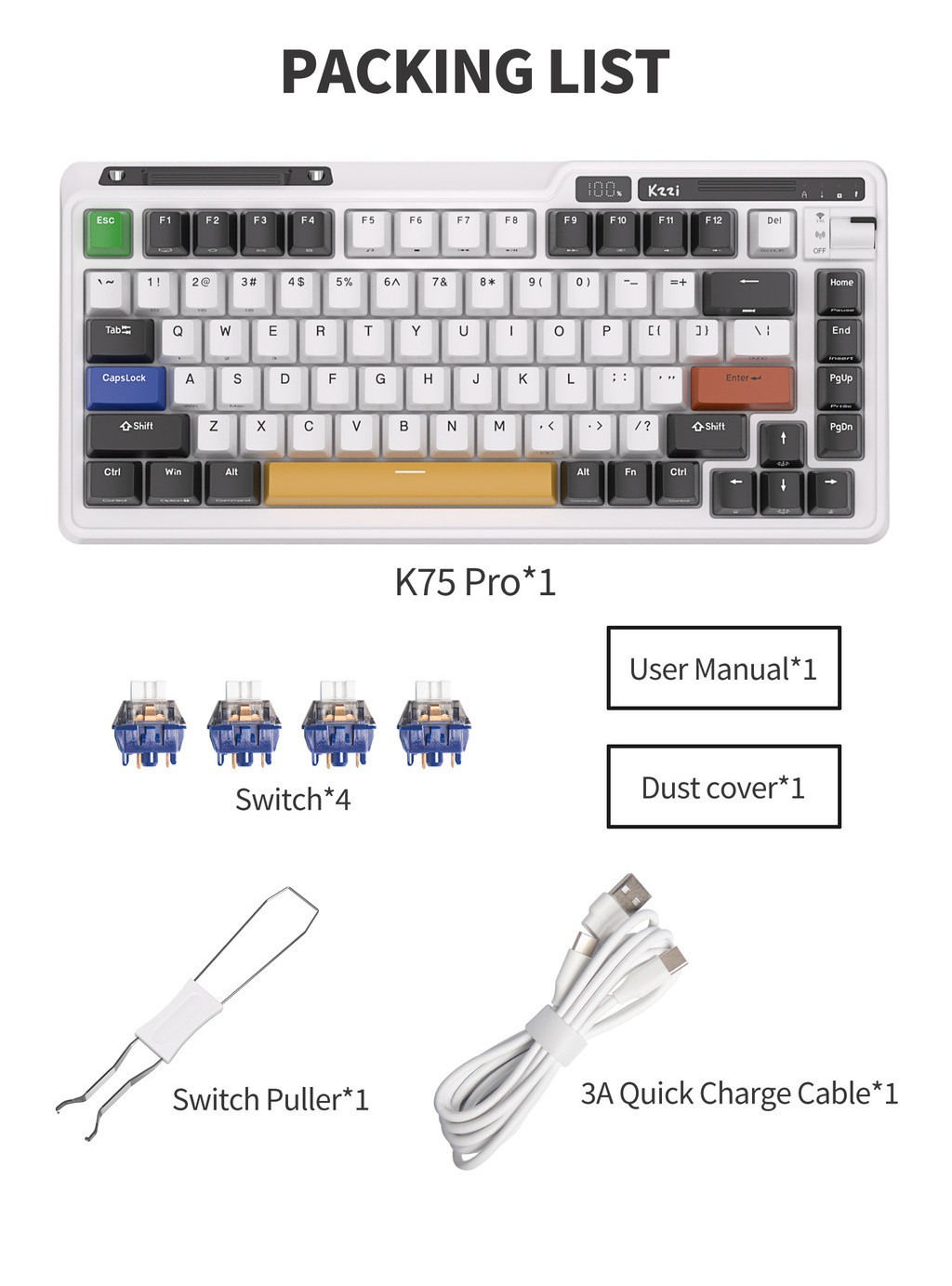 KZZI Kezhi K75 Pro Wireless Three-Mode Mechanical Keyboard Gasket Gaming RGB Gold Powder Fast ...