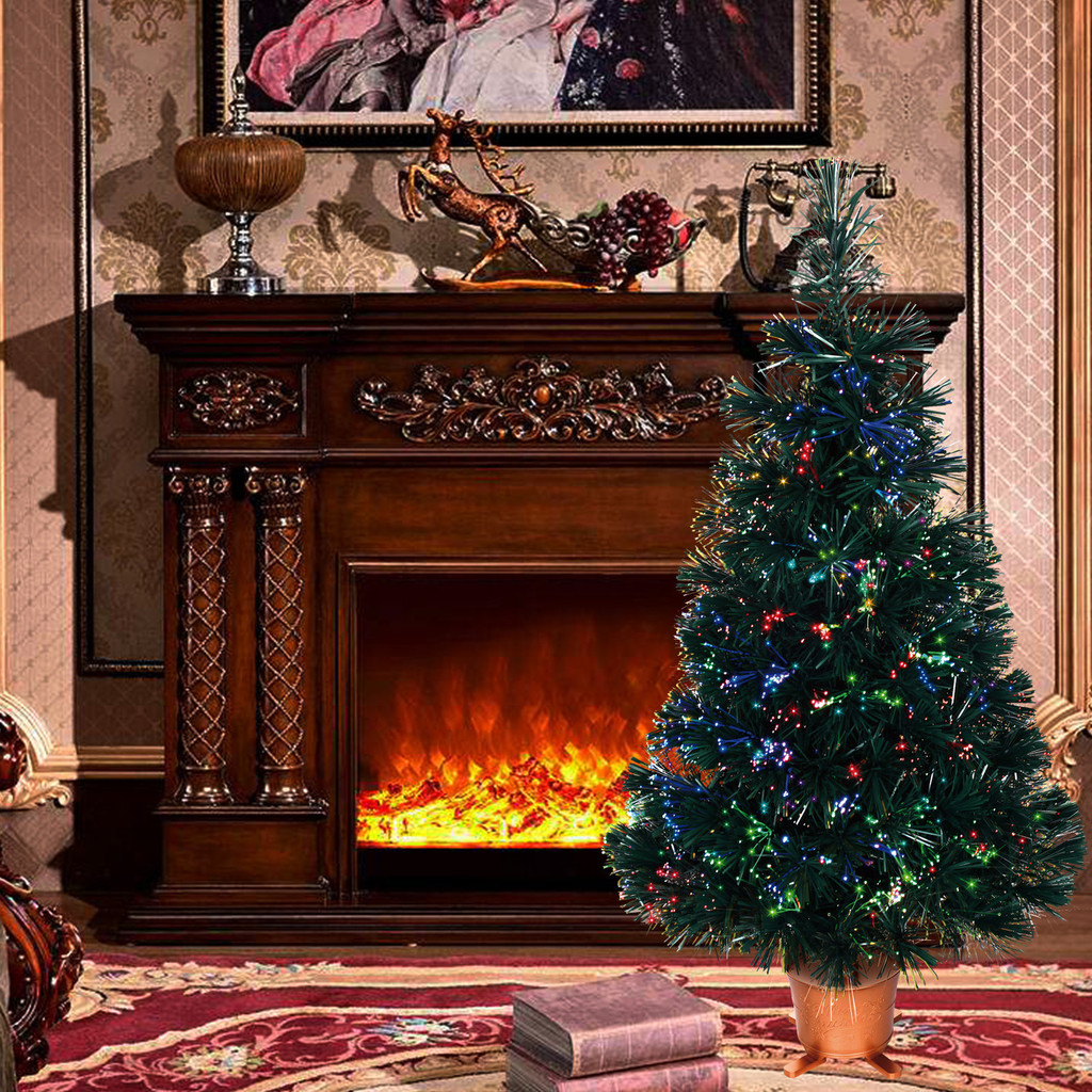 32 Inch Green Pre-Lit Mini Fiber Optic Tabletop Artificial Christmas Tree With LED Lights Gold ...