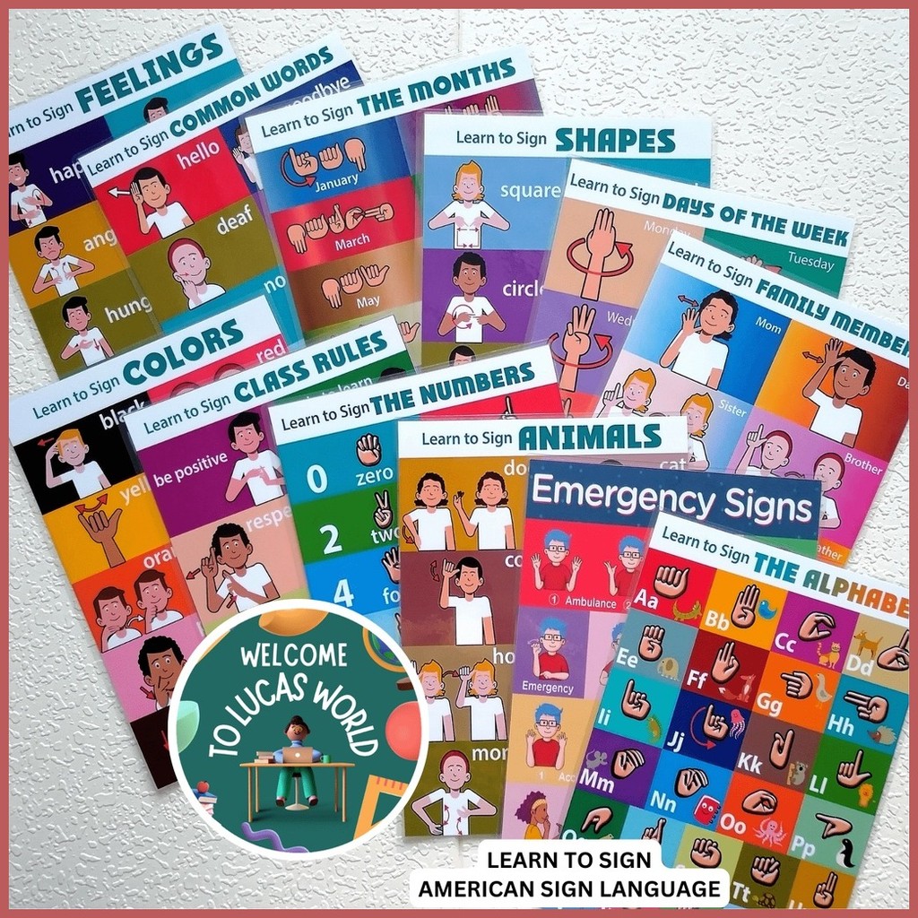 ∇ ⭐ SIGN LANGUAGE CHARTS POSTERS ( ASL ) ALPHABET NUMBERS SHAPES COLORS ...