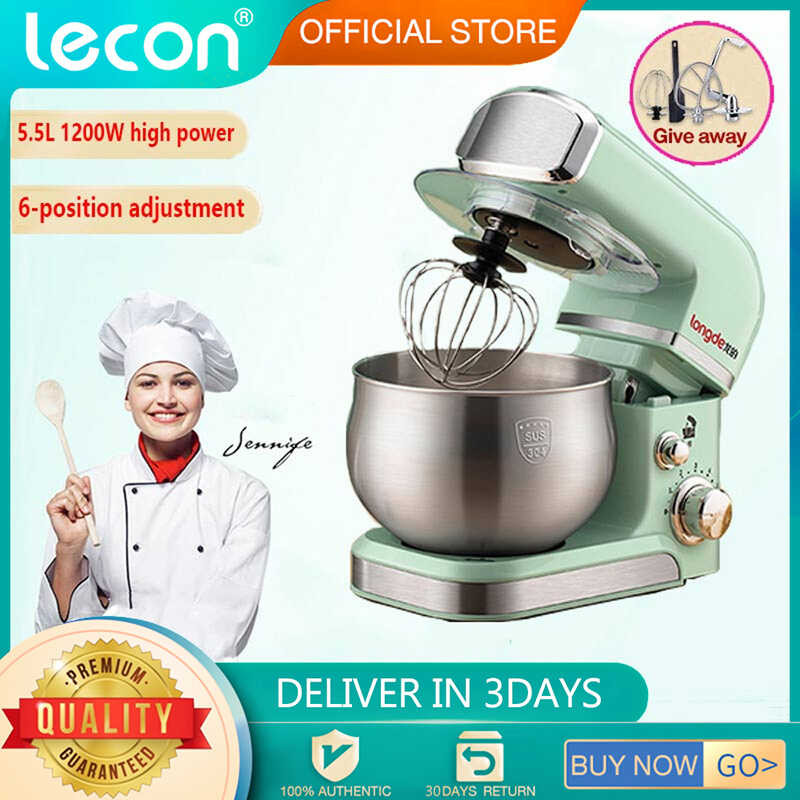 Stand Lecon Mixer 1200W Large Motor Desktop Food 5.5L Dough Mixer, Egg Beater, Multi-Purpose ...