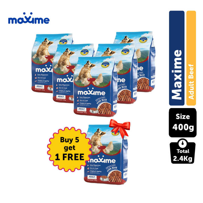 BUY 5 GET 1 FREE Maxime Dry Dog Food Adult - Beef (400G) | Shopee ...