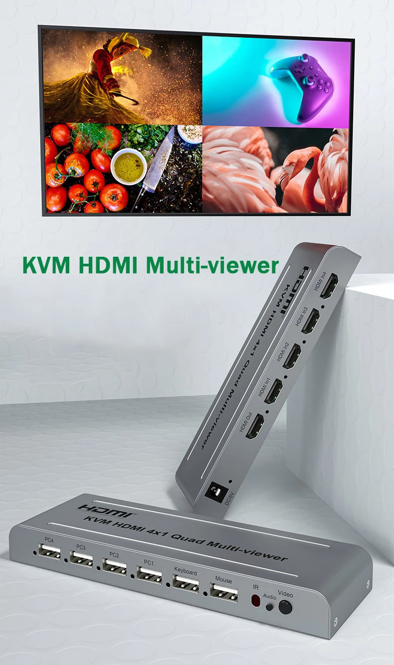 HDMI KVM Switch 4x1 Quad Multi Viewer 4 in 1 Out KVM HDMI Processor Screen Multiviewer Seamless ...