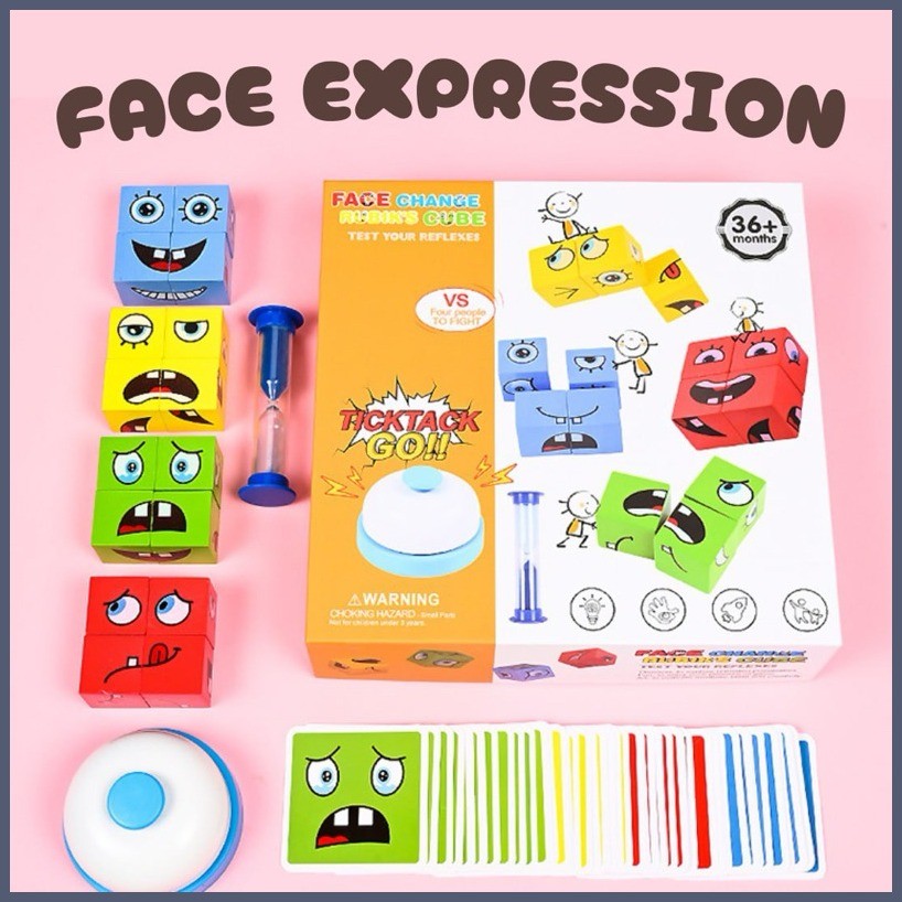 Wooden Face Expression Puzzle Building Blocks With Bell Board Game Toys ...
