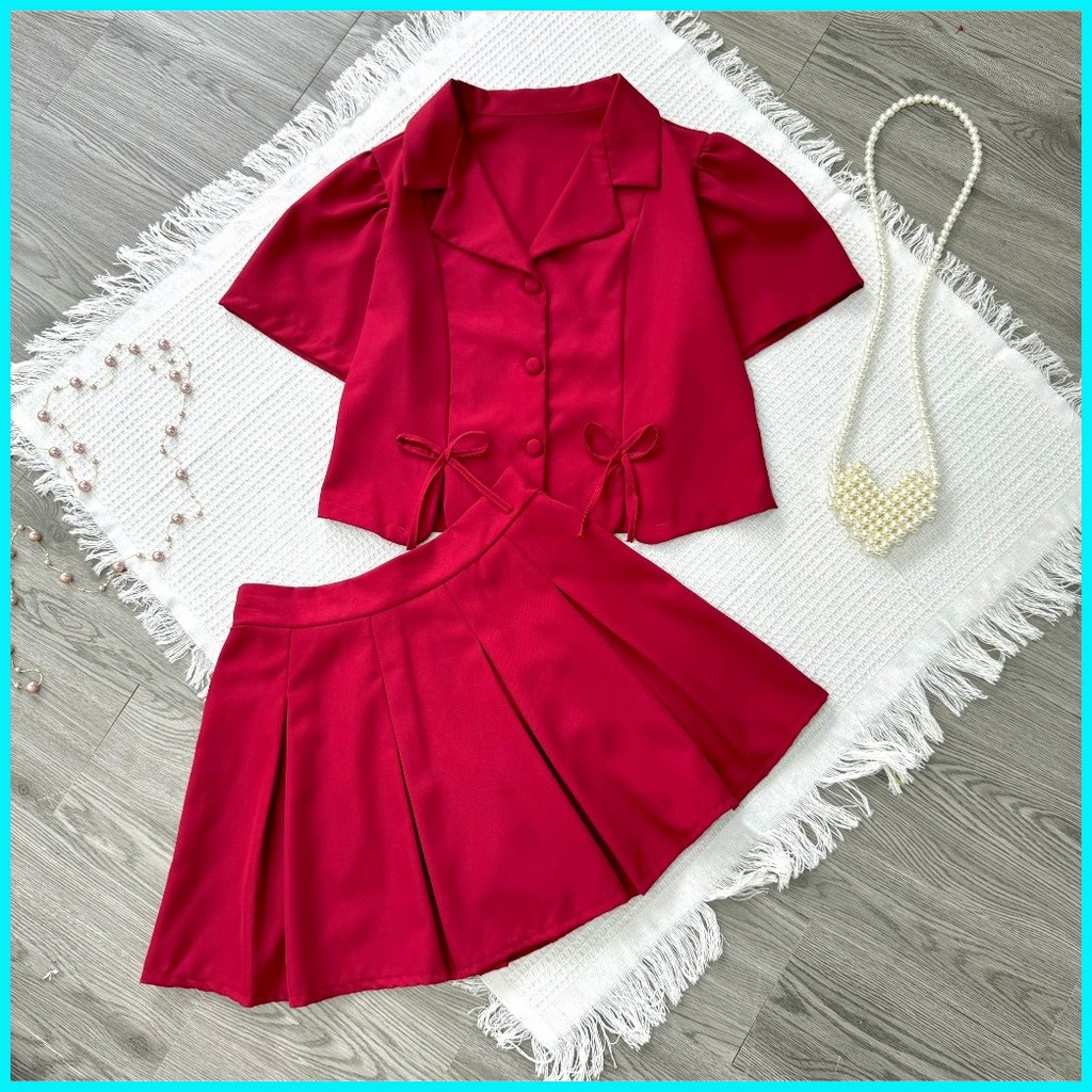 Women's Set of vet collar shirt with puffed sleeves and cotton A-line ...