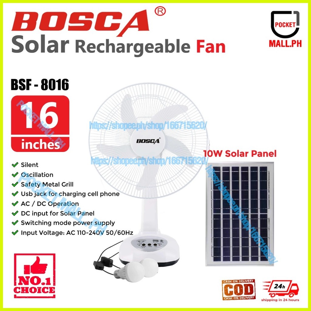 BOSCA Solar Recahrgeable Electric Fan Stand Fan with LED light TWO LED ...