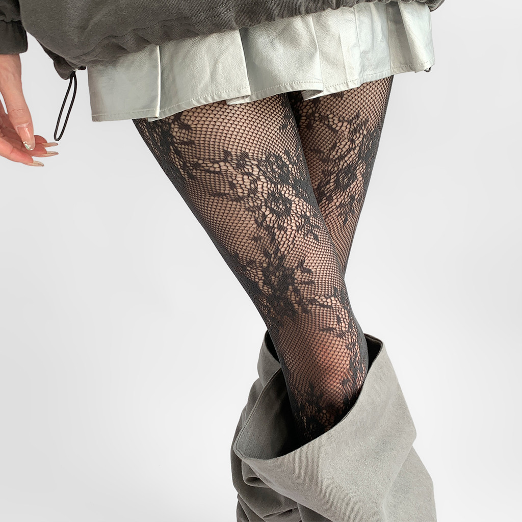 Lace Flower Bottomed Stockings Women Gothic Black White Mesh Hollowed ...