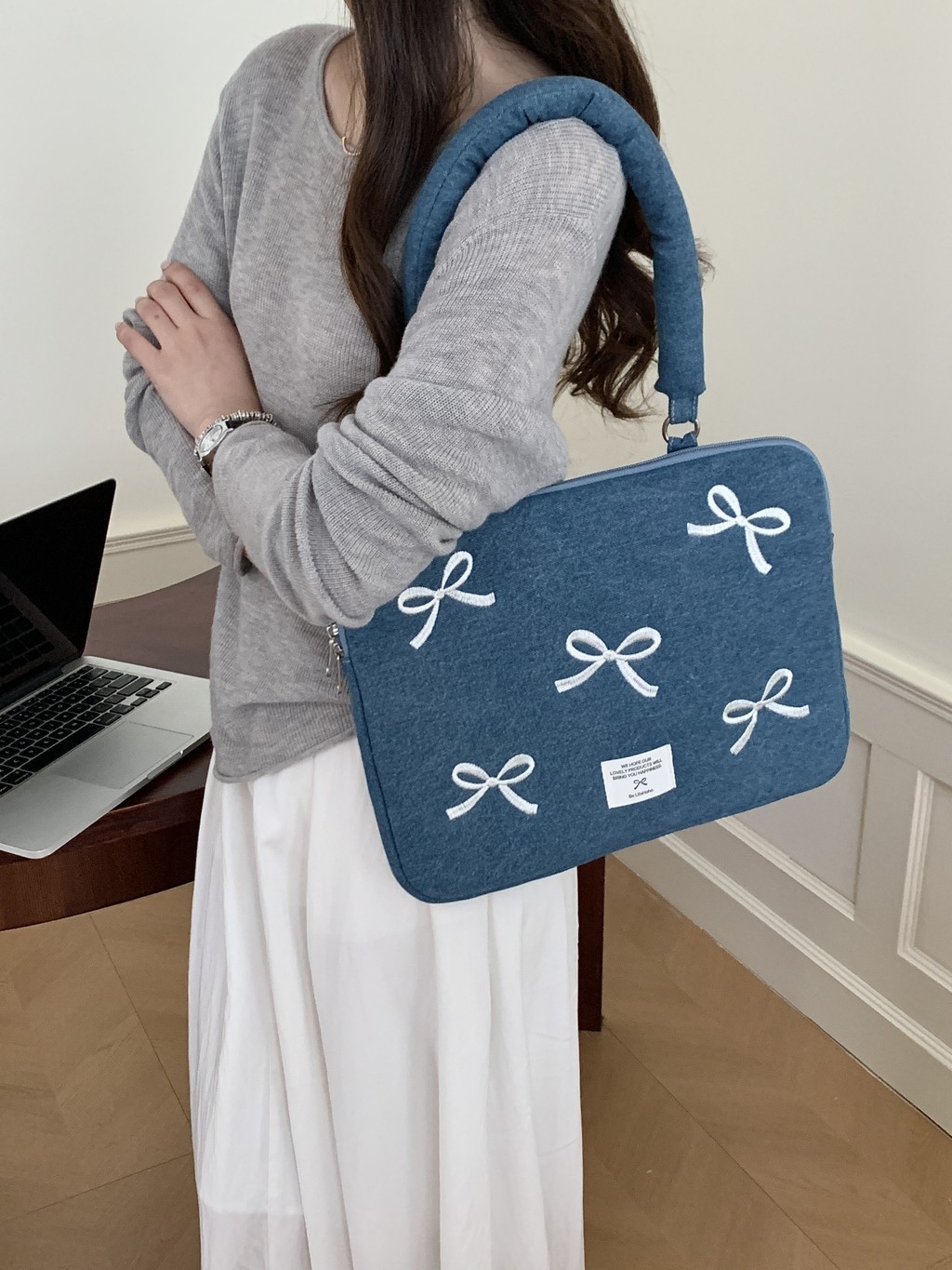 Laptop bag ins new denim bow shoulder shockproof computer protective ...