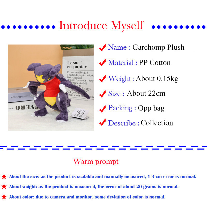 22cm Pokemon Garchomp Plush Toys Anime Cute Garchomp Soft Stuffed ...