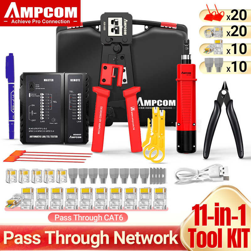 AMPCOM Crimping Set, Crimper Lan Tester Ethernet Cable Stripper Punch ...