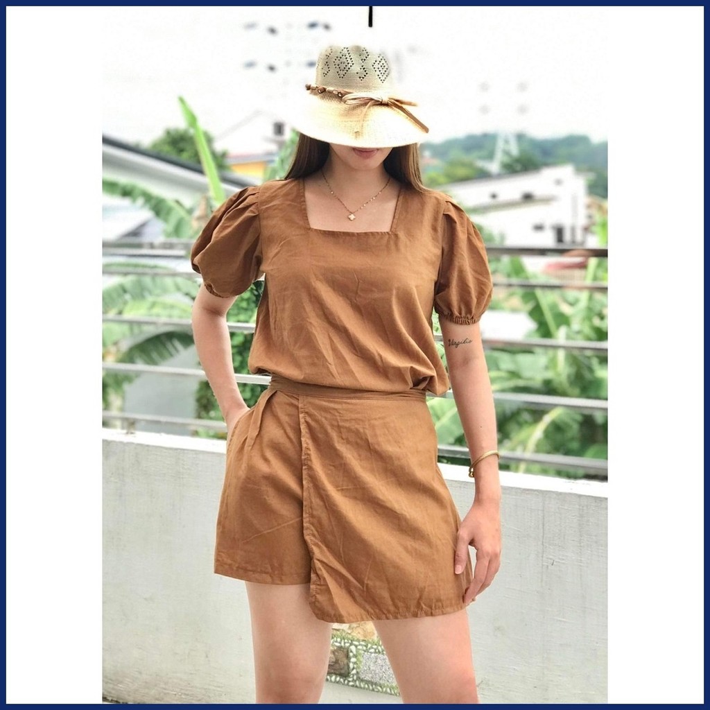Cotton Linen Puff Sleeve Top Skort Terno | Shopee Philippines