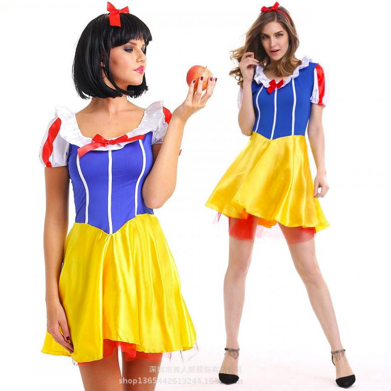 Princess Snow White Cosplay Costume For Adult Woman Fancy Dress Fairy Tale Halloween Yellow Blue ...