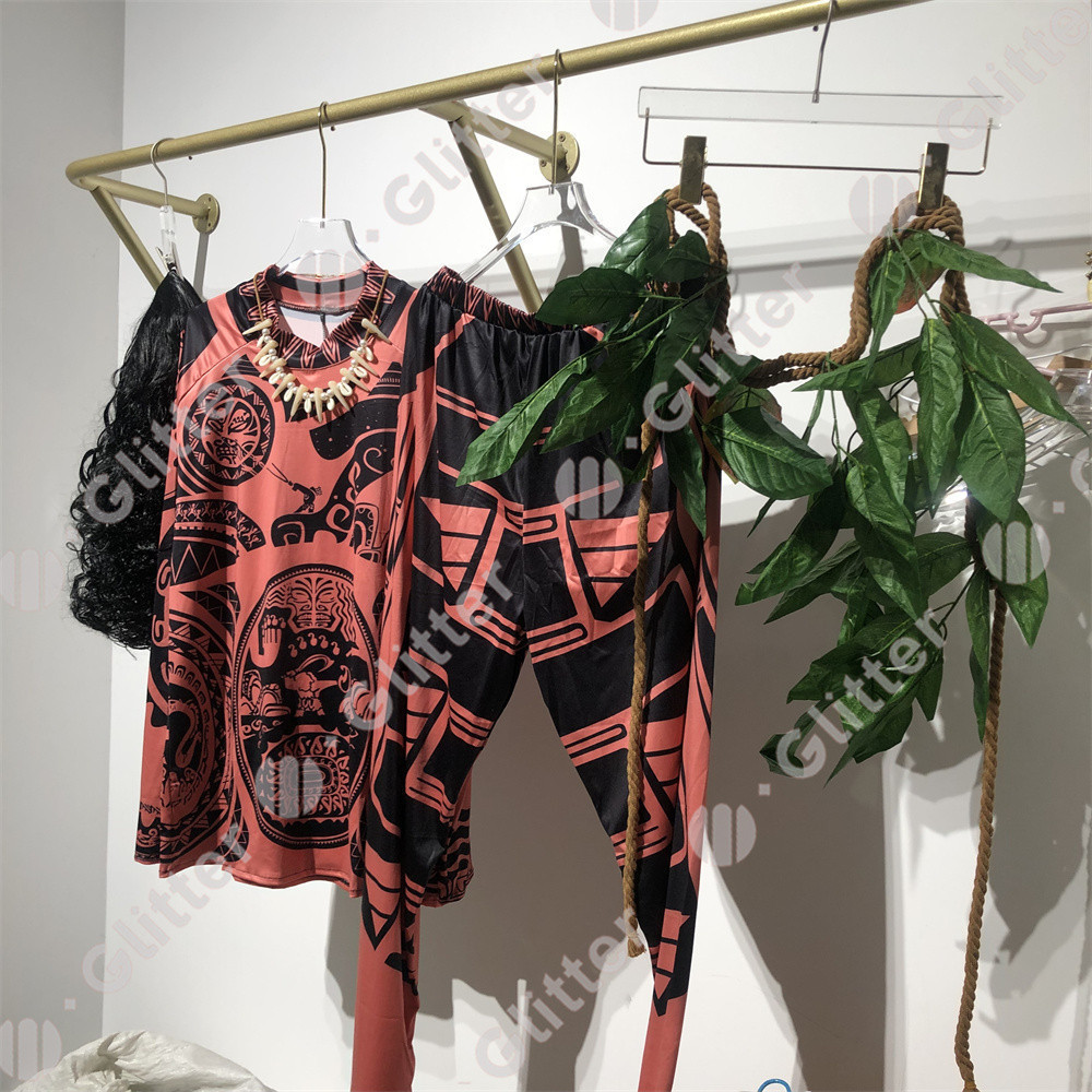 Movie Moana 2 Maui Costume for Adult Men Long Sleeve Tshirt Pants Leaf ...