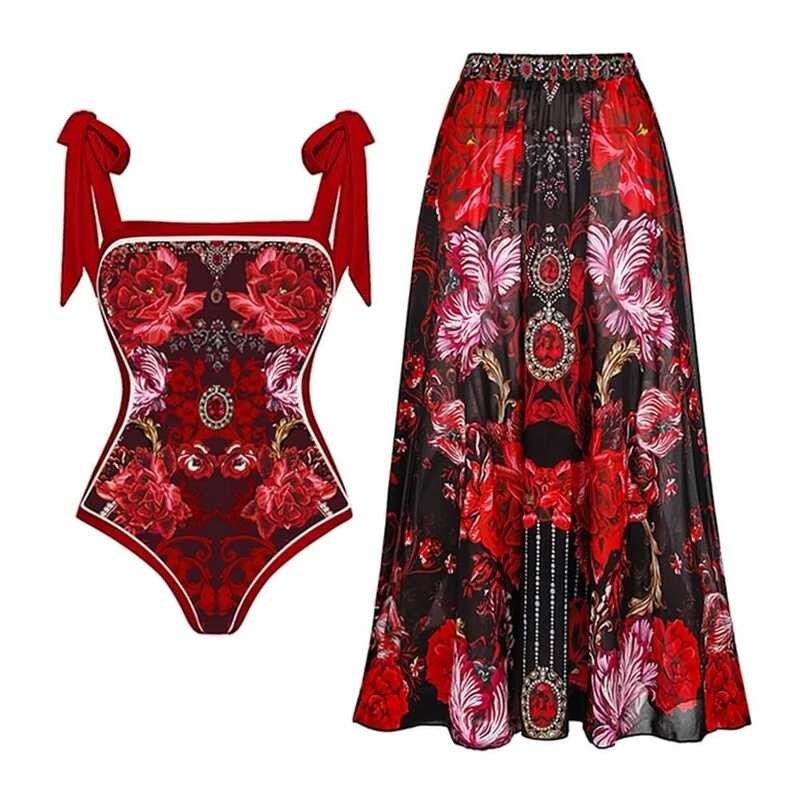 Print Ruffle Retro Edge Swimsuit One Piece With Skirt Slim Bikini Suit ...