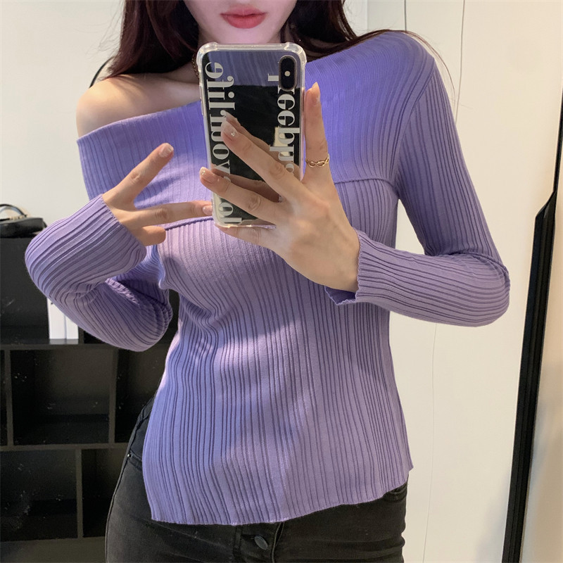 Spice Girl Off Shoulder Long Sleeve Knitted Undercoat Women's Black Sexy Irregular Slim Short ...