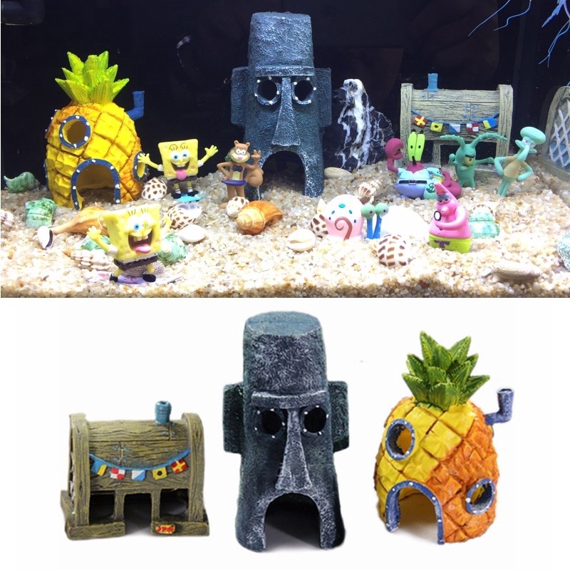 Cartoon Resin Aquarium Home Decoration Spongebob Model House Fish Tank ...