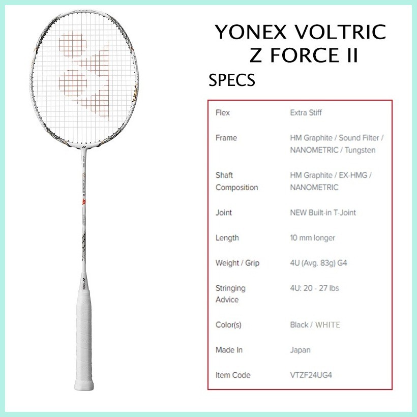 YY Z Force White Badminton Racket Full Carbon Single 4U 26Lbs 83g Made ...