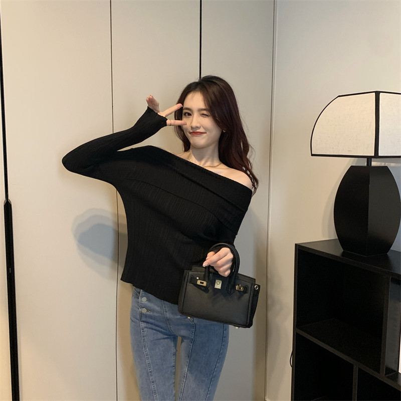 Spice Girl Off Shoulder Long Sleeve Knitted Undercoat Women's Black Sexy Irregular Slim Short ...