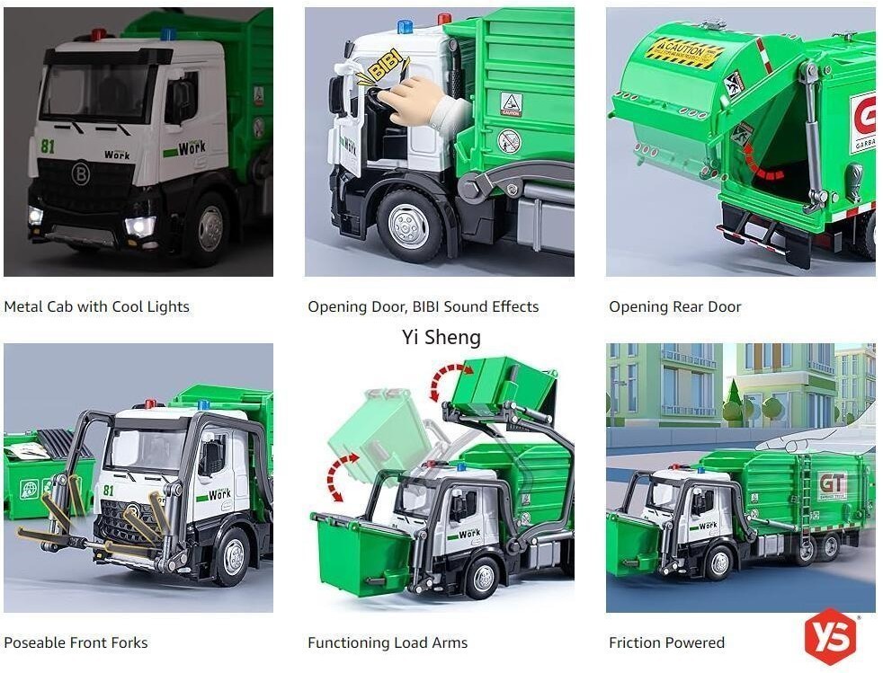 Big Size,1/18 Scale Garbage Truck Toys Metal Cab,Friction Powered Waste ...