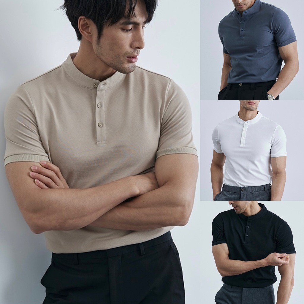 HUILISHI Premium Version Chinese Collar Polo Shirts for Men Plain Short ...