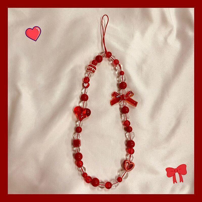 Fashion Red Love Heart Bowknot Handiwork Beaded Mobile Phone Chain ...