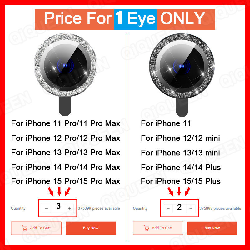 Bling Diamond Camera Lens Protector For iPhone 11 12 13 14 15 16 Pro Max 12 13 Mini 15 Plus ...
