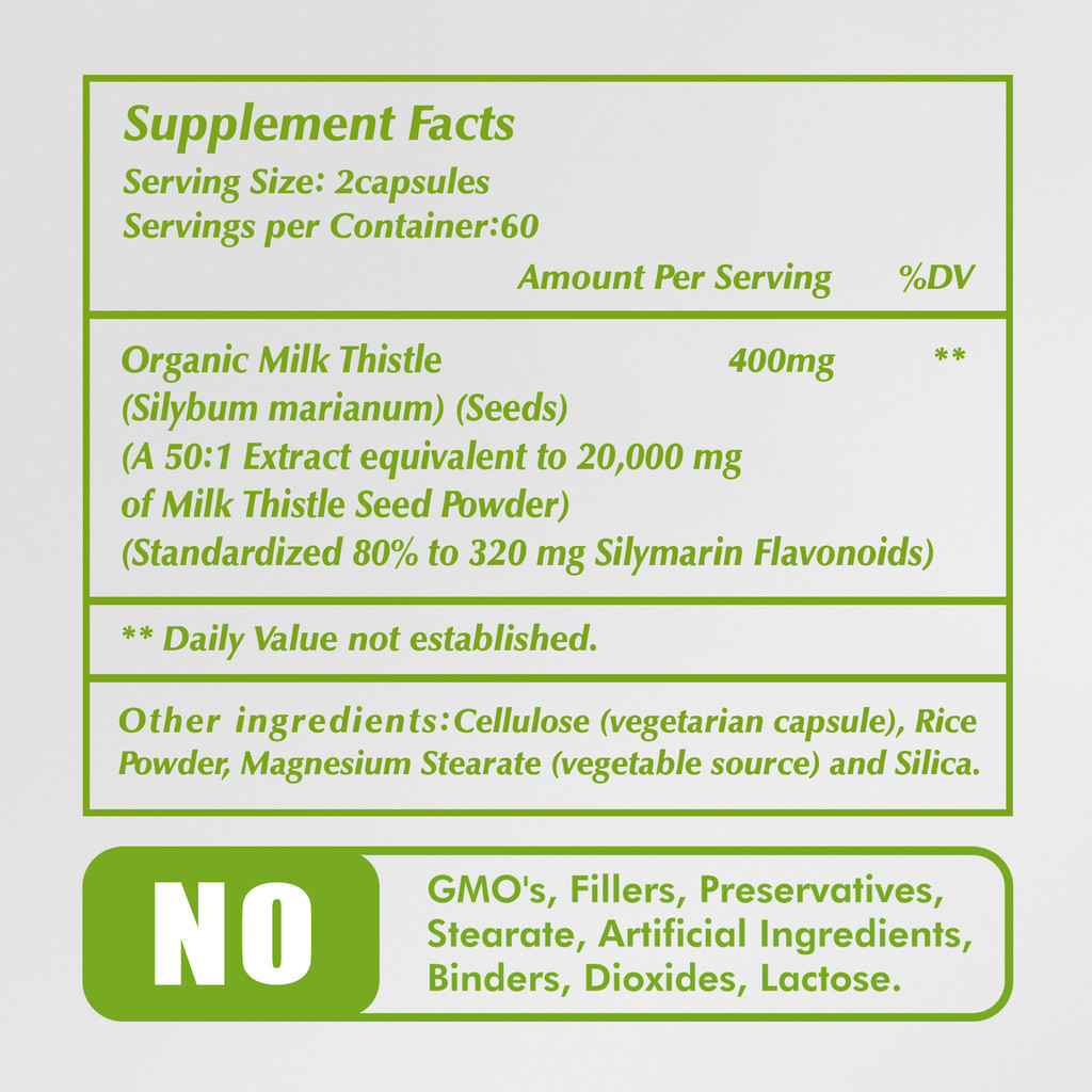 Organic Milk Thistle 400 mg, 50:1 extract equiv. to 20,000 mg Milk ...