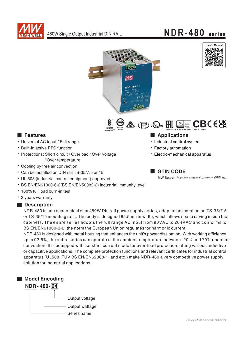NDR-480 MEAN MELL 24V 48V DIN rail switching power supply NDR-480-24 NDR-480-48 MEAN WELL ...
