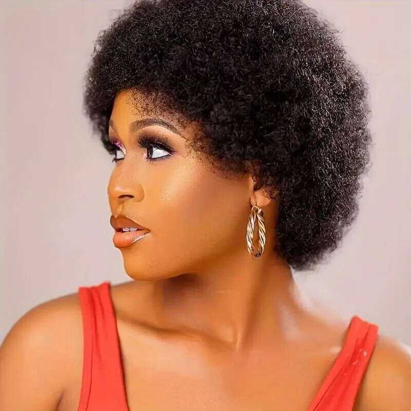 M Black Human Hair Short Afro 1 Curly For Women No Lace Glueless Wig ...
