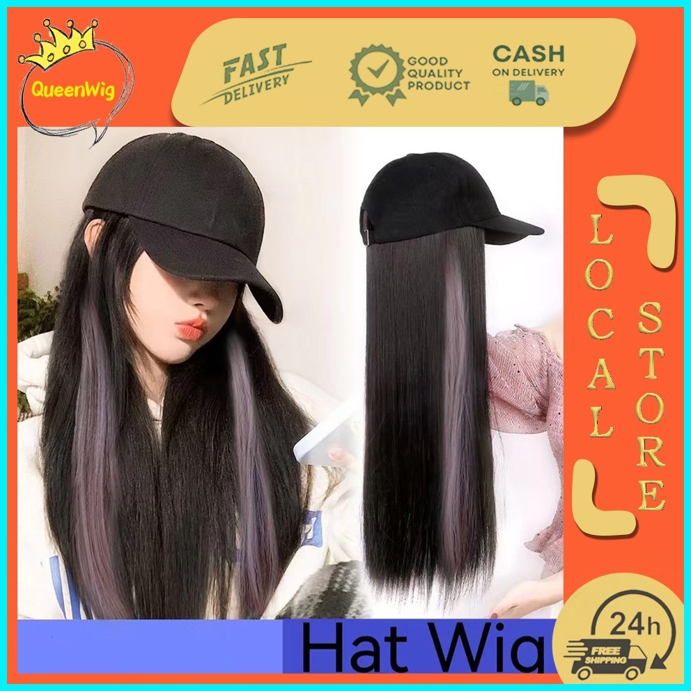 Hat wig female long hair all-in-one full head cover baseball cap long ...